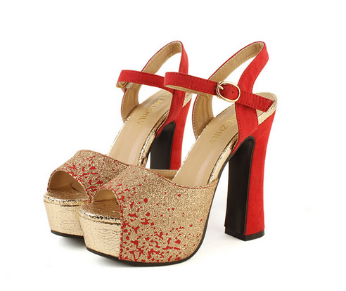 Peep Toe Red And Gold High Heels Fashion Sandals on Luulla