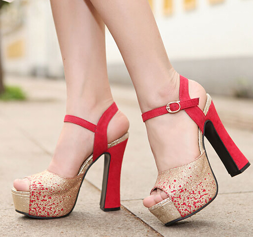 Peep Toe Red And Gold High Heels Fashion Sandals on Luulla